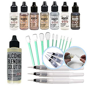 Ranger Tim Holtz Alcohol Ink Mixatives (All 7 Colors), 2-Ounce Ranger Blending Solution, 3 Pixiss Blending Brush Pens, 10 Pixiss Precision Ink Blending Tools