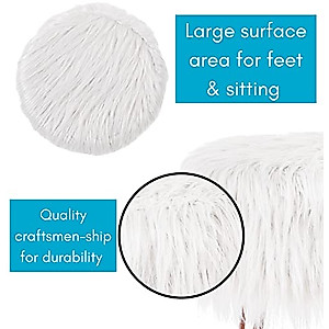BIRDROCK HOME White Faux Fur Vanity Stool Chair - Soft Furry Compact Padded Seat - Vanity, Living Room, Bedroom and Kids Room Chairs - Hair Pin Metal Legs Upholstered Decorative Furniture Foot Rest