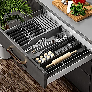 Silverware Organizer Storage Tray,Cutlery Expandable Organizer for Kitchen Drawer Holding Flatware Spoons Forks In-Drawer Knife Block,Kitchen Knife Drawer Organizer