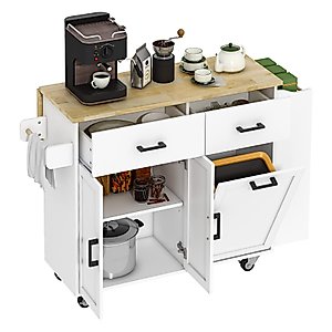 Osfvolr Rolling Kitchen Island with Trash Storage Cabinet, 2 Drawers, Kitchen Island with Drop Leaf, Kitchen Storage Islands Carts W/ 3 Spice Rack, Tilt Out Trash Cabinet, Island Table for Kitchen