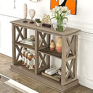 Livavege Console 3-Tier Open Storage, Narrow Sofa Entry Way w/Wood X-Shaped Frame, Entrance Tables for Small Space, Living Room, Entryway, Foyer, Hallway, Office, Natural