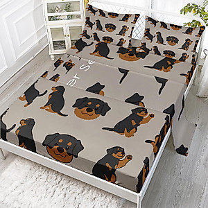 Axolotl Puppy Dog Fitted Sheet Queen,Cute Rottweiler Bedding Sheet Set,Cartoon Pet Puppy Fitted Sheet,Lovely Animal Sheet Set For Kids Boys Girls Teens Adults,1 Flat Sheet 1 Fitted Sheet 2 Pillowcases