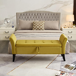 Homaddition Storage Ottoman Bench, 51.5" Upholstered Velvet Storage Bench with Curved Armrest & Solid Wood Leg, End of Bed Bench with Storage Queen Size for Bedroom Living Room Entryway (Olive Green)