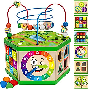 V-Opitos Learning Toys for Toddler 1, 2, 3 Years Old, 7 in 1 Wooden Activity Cube, Montessori Early Educational Toys for Baby, 12-18 Months, Ideal First Birthday Gifts for Kids Girl