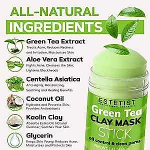 ESTETIST Green Tea Clay Mask Stick Set Purifying Face Mask Replenishing Moisture Deep Pore Cleanser Blackhead Remover Oil Control Skin Detoxifying Anti-Acne Treatment for All Skin Types Pack of 3
