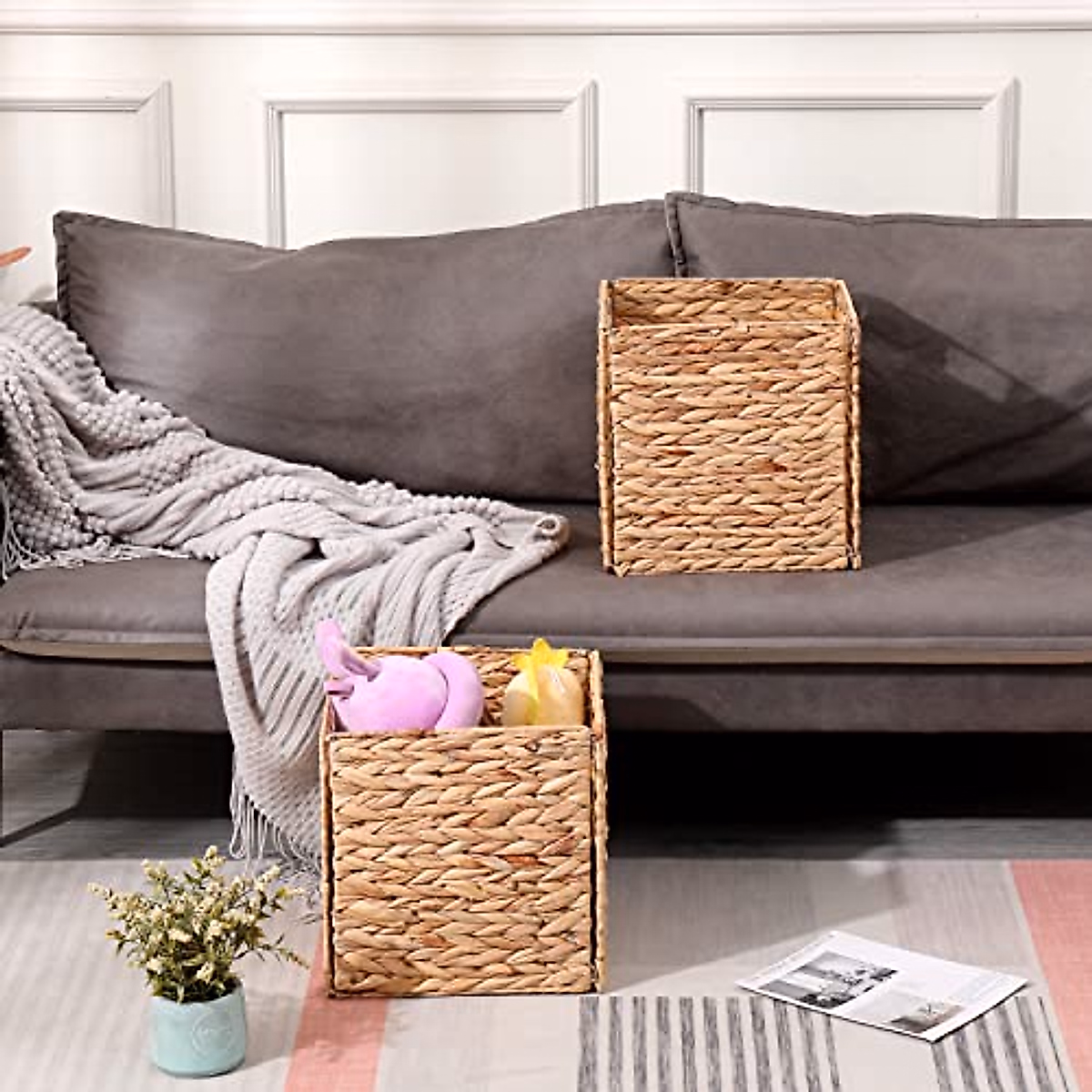 Water Hyacinth Storage Basket,Wicker baskets For Shelves,Folding 2 Packs Handmade Woven,Decorative Seagrass Shelf Basket ,Shelf Basket For Storage Toys Books And Clothes ,12x12x12 Inches.