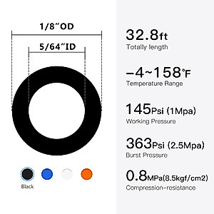 Quickun Pneumatic Tubing 1/8" Tube OD PU Polyurethane Tube Air Hose Line for Air Compressor Fitting or Fluid Transfer (Black 32.8ft)