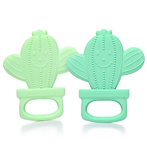 PrimaStella Silicone Cactus Teethers for Infants, Babies and Toddlers - Safety Tested - BPA Free - Cute, Soothing, Easy to Hold - Baby Teether Toy Set of 2 - Green & Neo Mint
