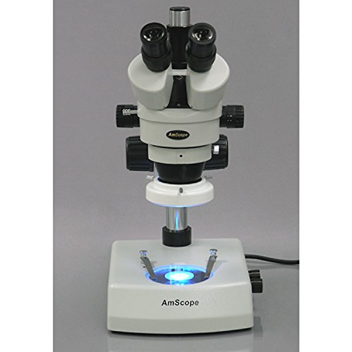 AmScope SM-2T-LED Professional Trinocular Stereo Zoom Microscope, WH10x Eyepieces, 7X-45X Magnification, 0.7X-4.5X Zoom Objective, Upper and Lower LED Lighting, Pillar Stand, 110V-120V