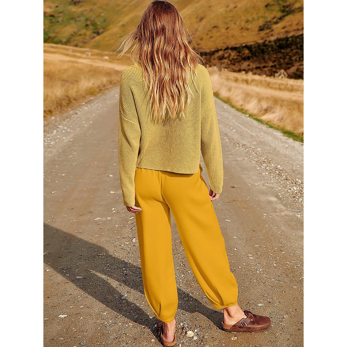 ANRABESS Women's Two Piece Outfits Long Sleeve Knit Top Fall Sweater Set Oversized Pants Tracksuit Lounge Sets Yellow Medium