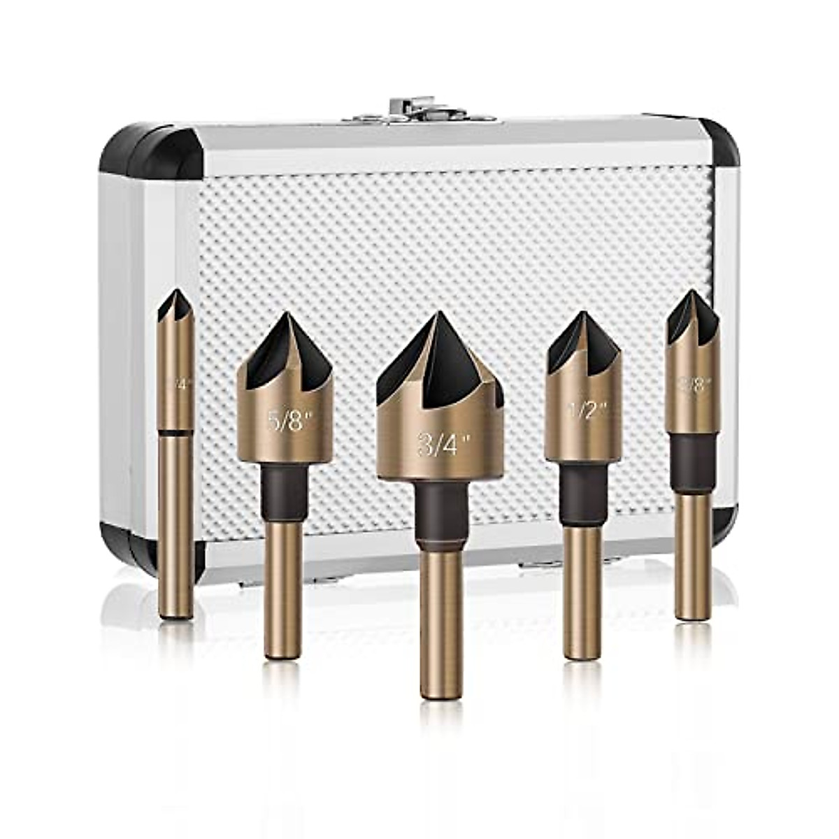 5pcs Metal Countersink Drill Bit Set for Wood, Metal, Steel, Mill Drill Bit Set Size is 1/4” 3/8” 1/2” 5/8” 3/4”with High Speed Steel, 82 Degree, 5 Flute, 6mm Round Shank, Carrying Case