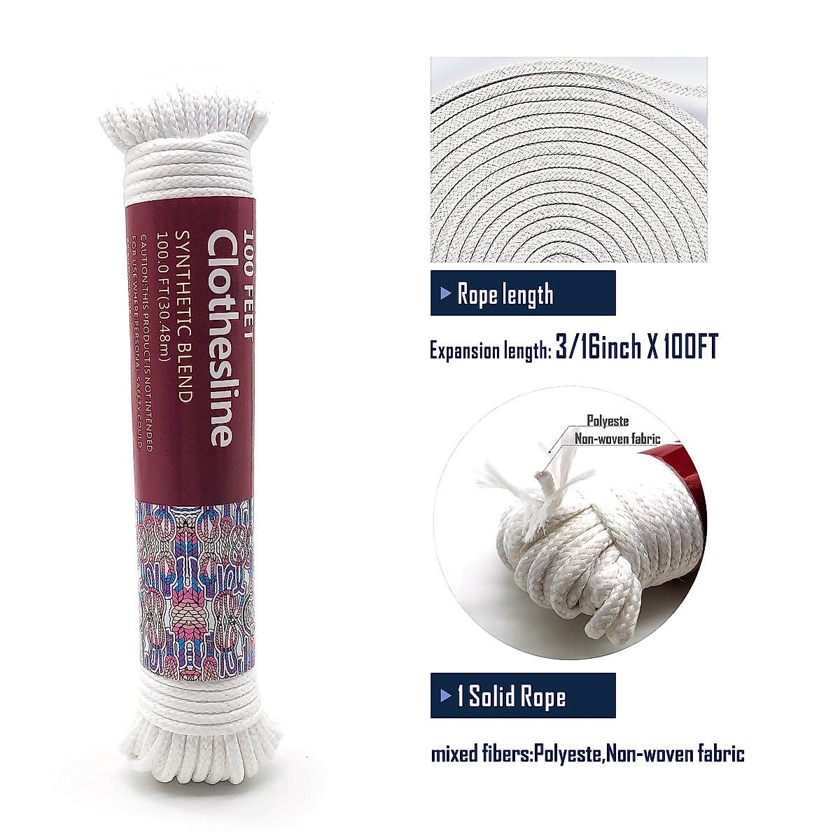 HOUERT Clothesline Rope, 3/16Inch Retracting Outdoors All-Purpose Rope for Laundry Line Dryer with 2 Carabiner Hooks (White, 100ft)