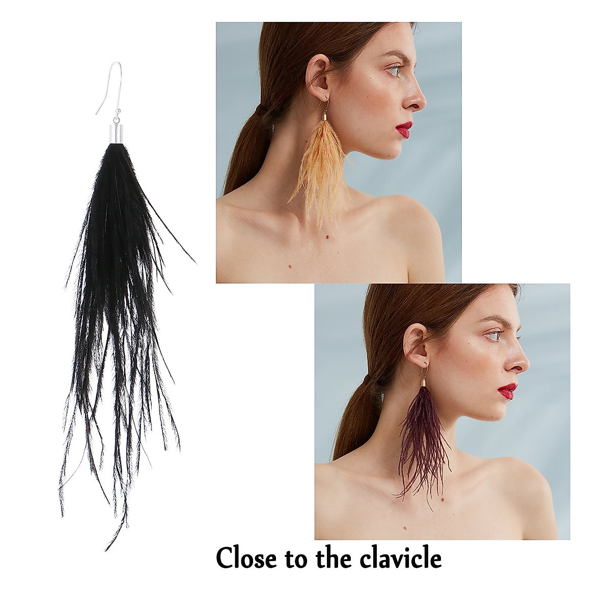 Black Feather Women Earrings Bohemian Long Drop Black Light Wedding Accessories (Black, silver-plated-base)