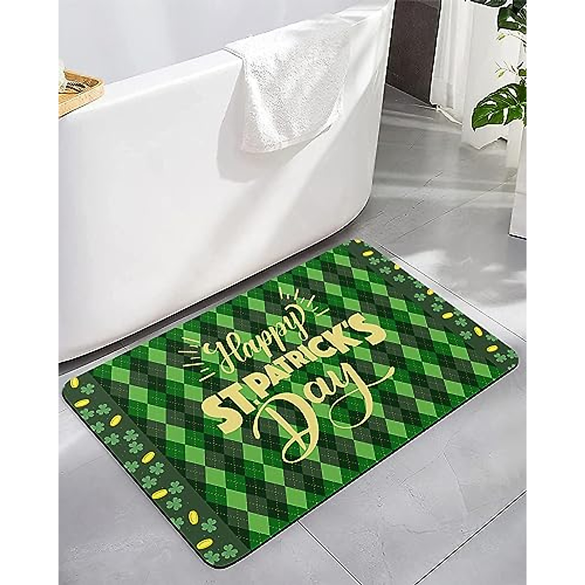 Geometry Bath Mat for Tub,Non Slip Bathroom Floor Runner Rug Quick Dry & Absorbent Diatomaceous Earth Kitchen Room Shower Sink Washable Doormat,St. Patrick's Day Checkered Clover Irish Green 18"x30"