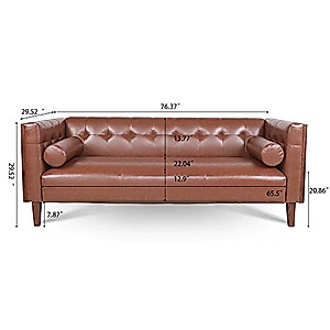 76'' Leather Chesterfield Sofa, Upholstered Tufted Modern Couch with 2 Pillows, Nailhead and Solid Wood Armrest Side Board, 3 Seater Sofa with Wooden Legs for Living Room, Bedroom, Office (Brown)