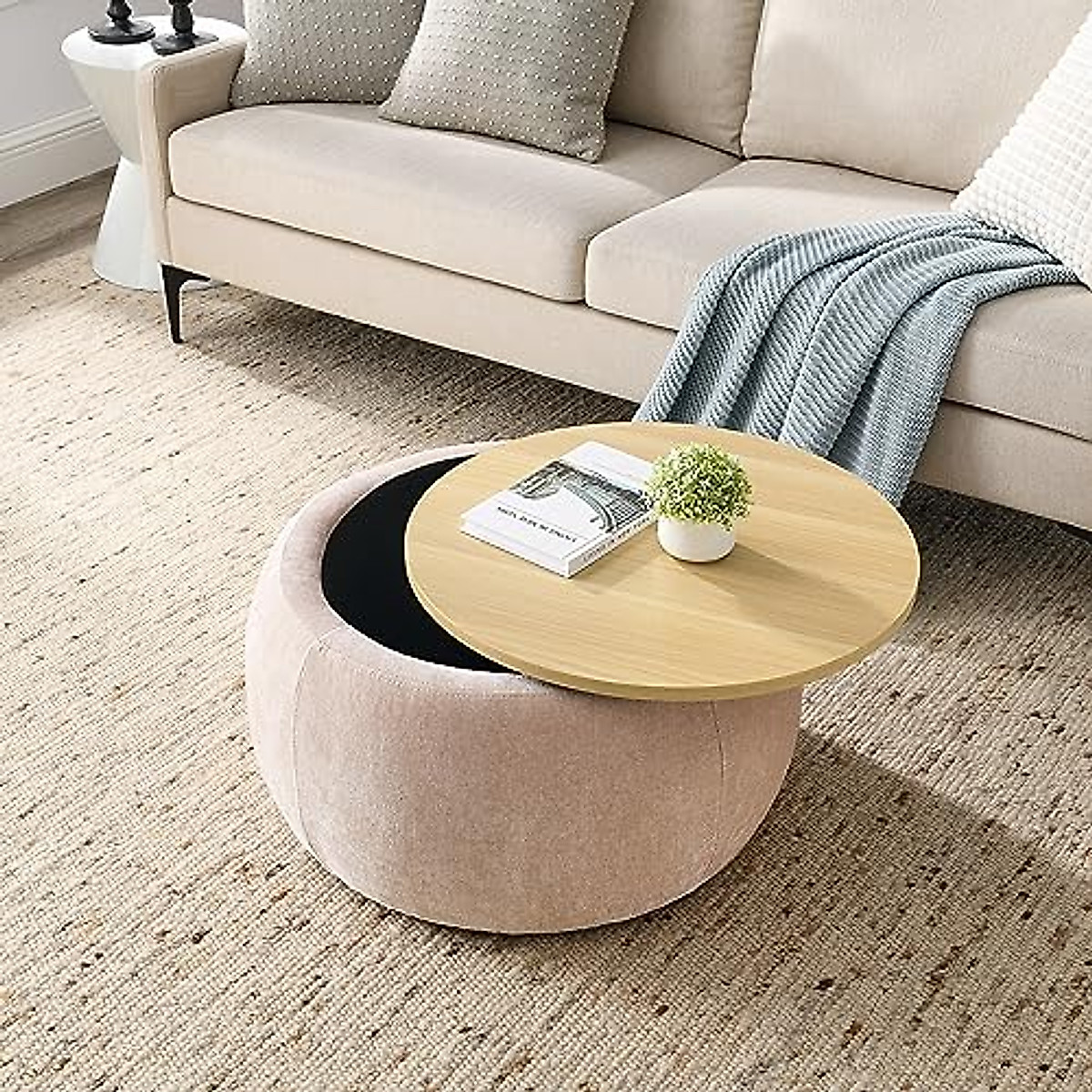 Kakotito Modern Round Storage Ottoman with Wooden Lid,Circle Ottoman Handmade Ottoman Coffee Table,End Table & Footstool for Living Room (Pink)