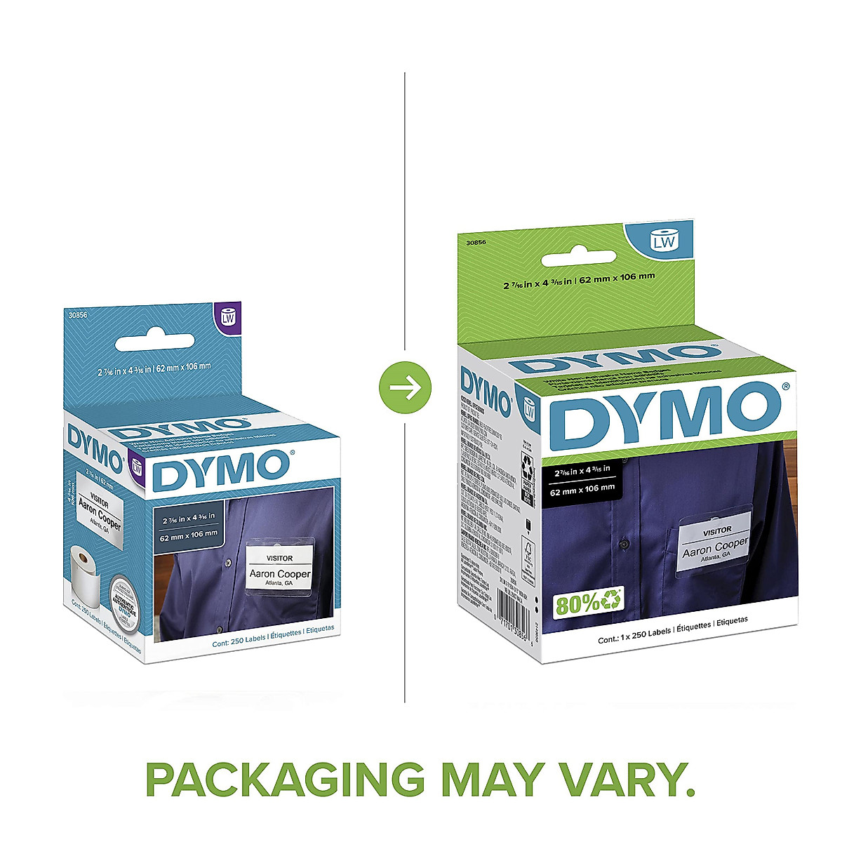 DYMO 30856 LW Non-Adhesive Name Badge Labels for LabelWriter Label Printers, White, 2-7/16'' x 4-3/16'', 1 Roll of 250