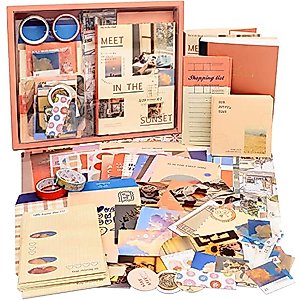Draupnir Aesthetic Scrapbook Kit(348pcs), Bullet Junk Journal Kit with Journaling/Scrapbooking Supplies, Stationery,A6 Grid Notebook with Graph Ruled Pages DIY Scrapbook Gift for Teen Girl Kid(Sunset)