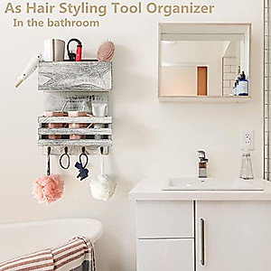 HAOYPAIC Wood Hair Dryer Holder Wall Mount, Bathroom Hair Care and Styling Tool Organizer, Farmhouse Wood Beauty Hair Appliance Holder with Shelf for Bathroom Accessories, Makeup, Toiletries (White)