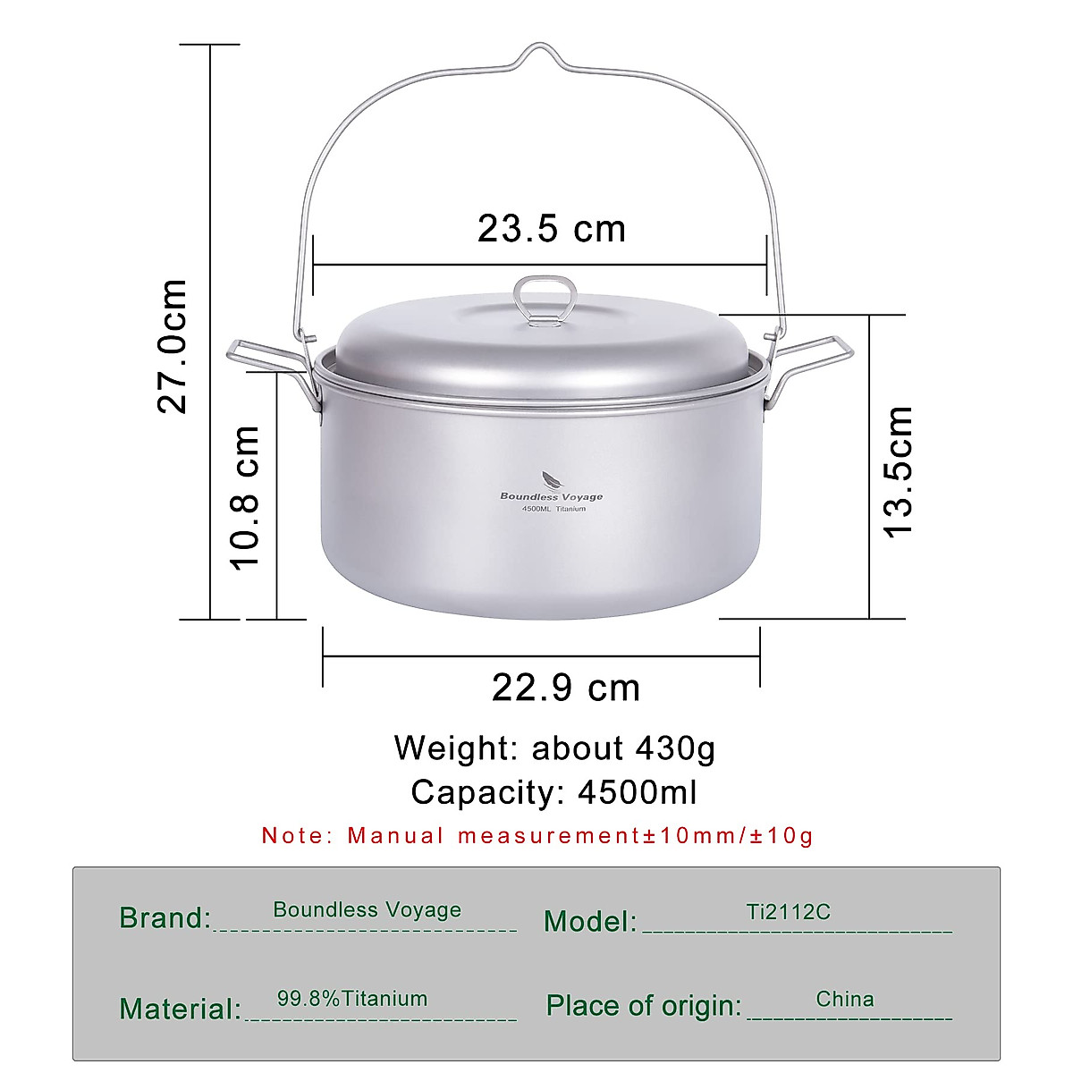 Boundless Voyage Titanium Food Steamer Pan Stock Pot Soup Pot Outdoor Hanging Pot Portable Travel Household Kitchenware Cooking Kit Hot Pot for Camping Picninc (Ti2112C-4.5L stockpot ONLY)