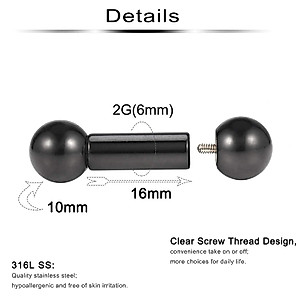 Ftovosyo PA Rings Internally Threaded Straight Barbell Nipple Ring 2G Earrings Gauges Ear Ring Tongue Rings 316L Surgical Steel Body Piercing Jewelry for Women Men 1Pair Black 16mm