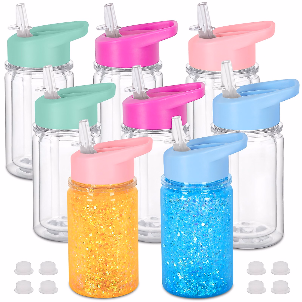 Micellwuu 8 Pack 10 Oz Plastic Double Wall Snow Globe Tumbler, Snowglobe Tumbler with Pre Drilled Hole and Plug, Snow Globe Cups Kid Water Bottle DIY Gift for Scool, Sport