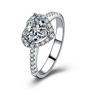 Sdouefos Rhodium Plated Sterling Silver Heart Shaped Cubic Zirconia CZ Halo Engagement Wedding Insert Ring Promise Rings for Her(9)