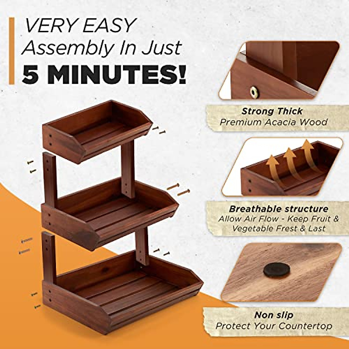 HOLANA Acacia Wood Fruit Basket for Kitchen Countertop - 3-Tier Fruit Bowl Holder, Extra Large 16x12.5x18 inch, Wooden Fruit Stand Storage Organizer for Vegetable, Bread, Snack