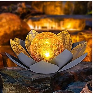 Huaxu Solar Lights Outdoor Garden Decor , Amber Crackle Globe Glass Lotus Decoration,Waterproof Gray Metal Flower Light for Patio,Lawn,Walkway,Tabletop,Ground