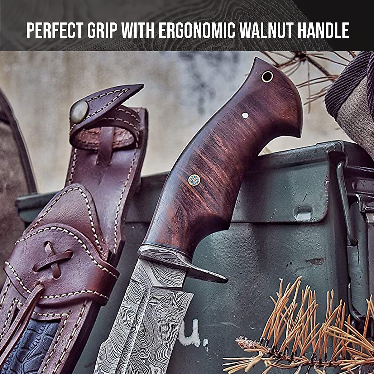 BIGCAT ROAR Handmade Damascus Hunting Knife - Bushcraft Fixed Blade Hunting Knife with Sheath and Walnut Wood Handle - 10″ EDC Skinning Knife - Beast Hunter