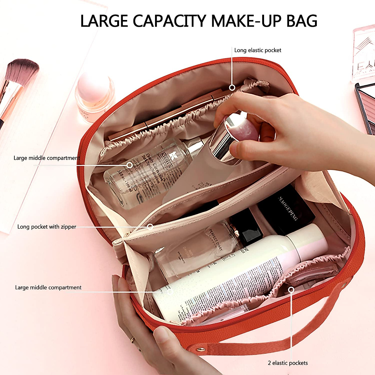 Large Capacity Cosmetic Bag, Travel Cosmetic Storage Bag with Handle, Portable Zipper Cosmetic Bag Toiletry Bag Makeup Bag Large with Compartments for Women Girls