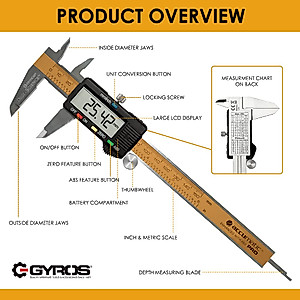 Digital Caliper Measuring Tool – 6 Inch Stainless Steel Micrometer Caliper - ABS + Auto-Off Feature - Inch/MM Conversion and Large LCD Screen – Electronic Vernier Calipers 2 Batteries Included - Gyros