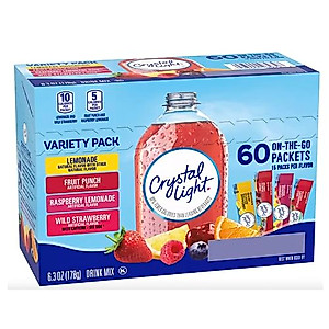 Crystal Light Sugar-Free, Lemonade, Fruit Punch, Raspberry Lemonade and Wild Strawberry On-The-Go Powdered Drink Singles Mix Variety Pack, 60 Count, Each Packet Dissolves into any 16.9 oz