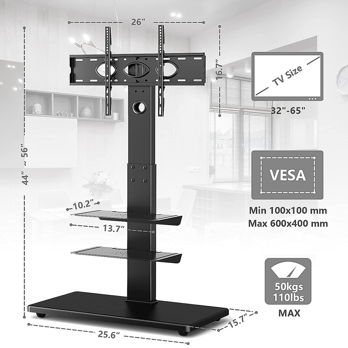 Universal Floor TV Stand with Height Adjustable Swivel Mount and 3 Media Storage Shelves, Fit for 42 43 47 50 55 60 65 70 75 Inch Plasma LCD LED OLED Flat or Curved Screen TVs