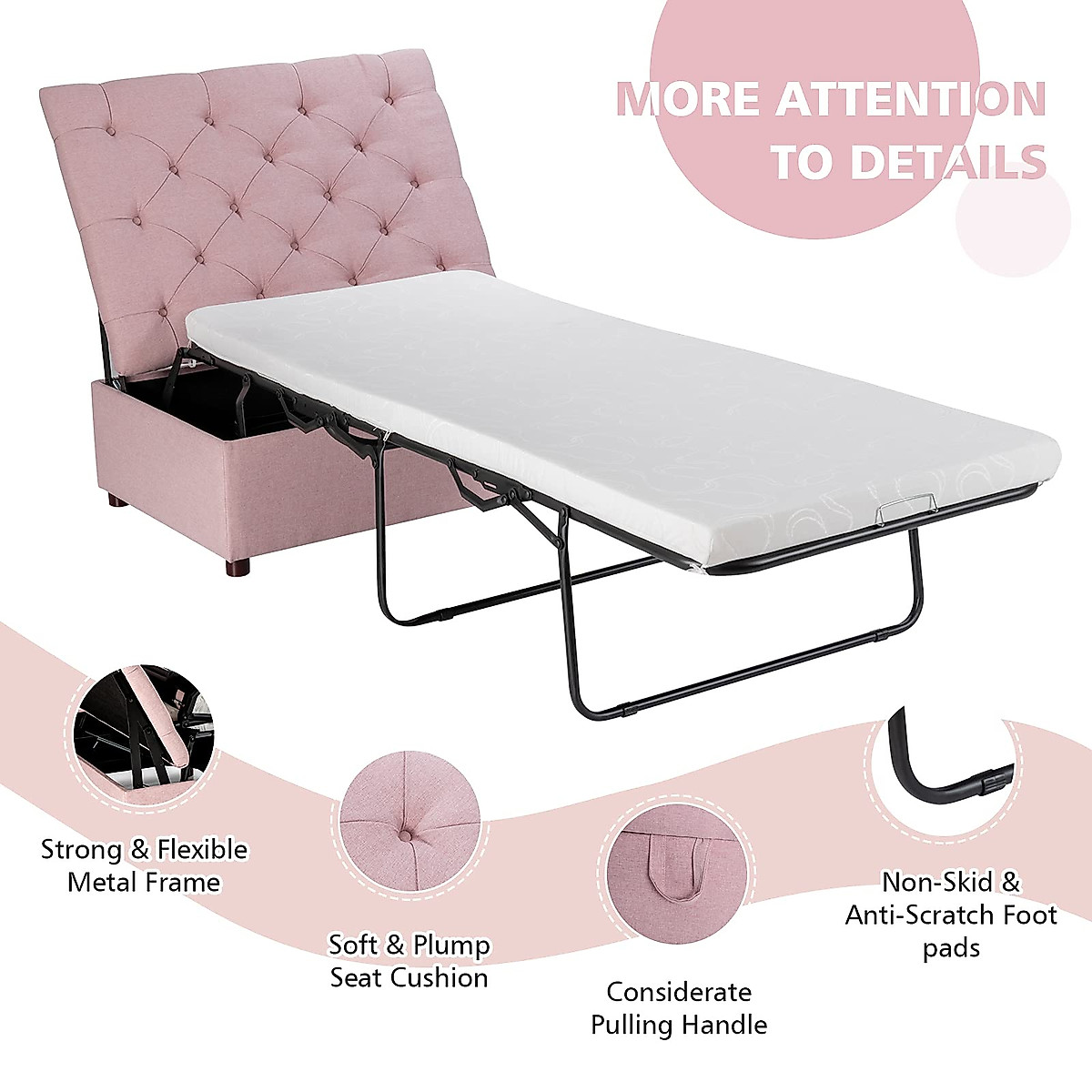 KOMFOTT Folding Ottoman Sleeper Chair Bed with Mattress, Convertible Fold Out Sleeper Sofa Bed, Guest Bed Chaise Lounge for Living Room Small Apartment Bedroom, 89" D x 40.5" W