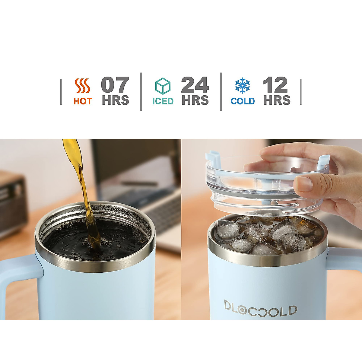 DLOCCOLD 40 oz Tumbler with Handle, Insulated Coffee Tumbler with Lid and Straw, Car Cup Holder Friendly (Aquamarine)