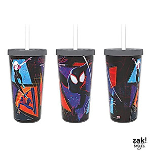 Zak Designs Marvel Spider-Man Across the Spider-Verse Movie Plastic Tumbler with Splash-Proof Lid and Straw, Durable Double-Wall Insulated Travel Cup Fits in Car Drink Holders (16oz, Non-BPA)