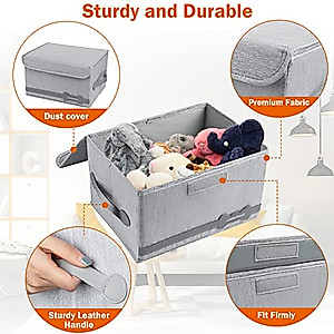 8.5L 9Quart Cute Storage Bins with Lids, Fabric Decorative Storage Box Bin Basket Cube with Lid and Leather Handles, Foldable, Washable, for Closet Bedroom Nursery Home (Grey 10.4 x 7.9 x 6.3)