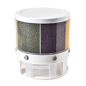 Large Rotating Food Dispenser Rice Dispenser 6-Grid Rice Bucket Whole Grains Rice Container Storage with Lid Dry Food Dispenser Storage Box for Kitchen White