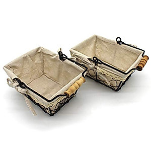 CVHOMEDECO. Primitives Country Chicken Wire Small Gift Baskets Gathering Baskets with Wooden Handle and Fabric Liner. Set of 2 (Rectangular)