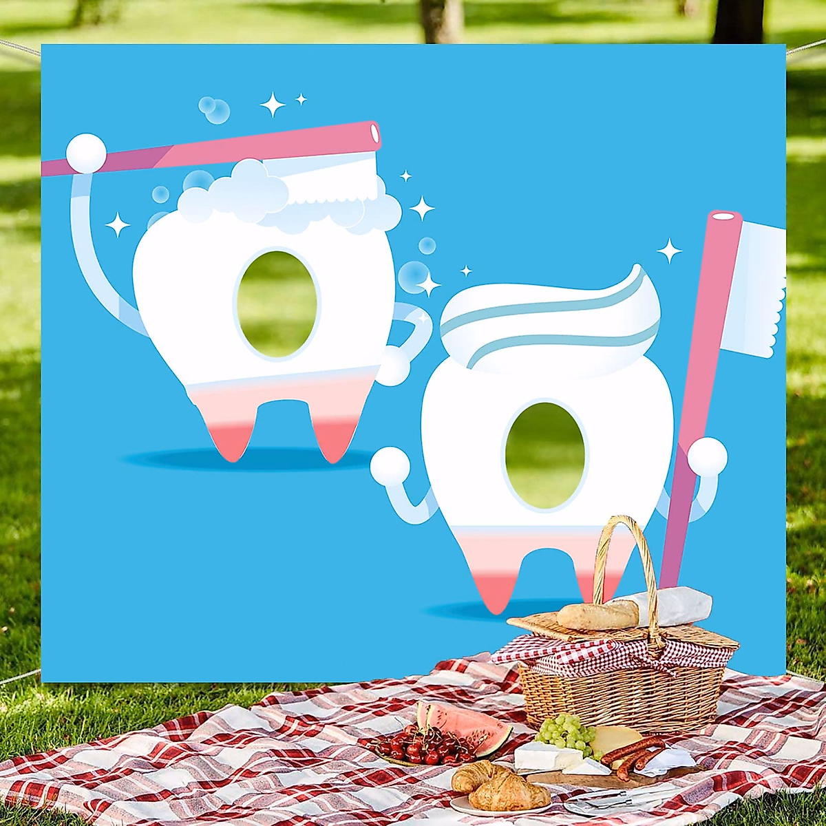 Baby Tooth Banner Pretend Play Party Backdrop Large Teeth Face Dentist Theme Decor Decorations for 1st Tooth Celebration Party Baby Boys Girls Dental Graduation 1st Birthday Party Baby Shower