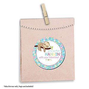 Hangin’ with You Sleepy Sloth-Themed Valentine Party Favor Sticker Labels, 40 2" Party Circle Stickers by AmandaCreation, Great for Classroom Valentines, Envelope Seals, Gifts & Treats