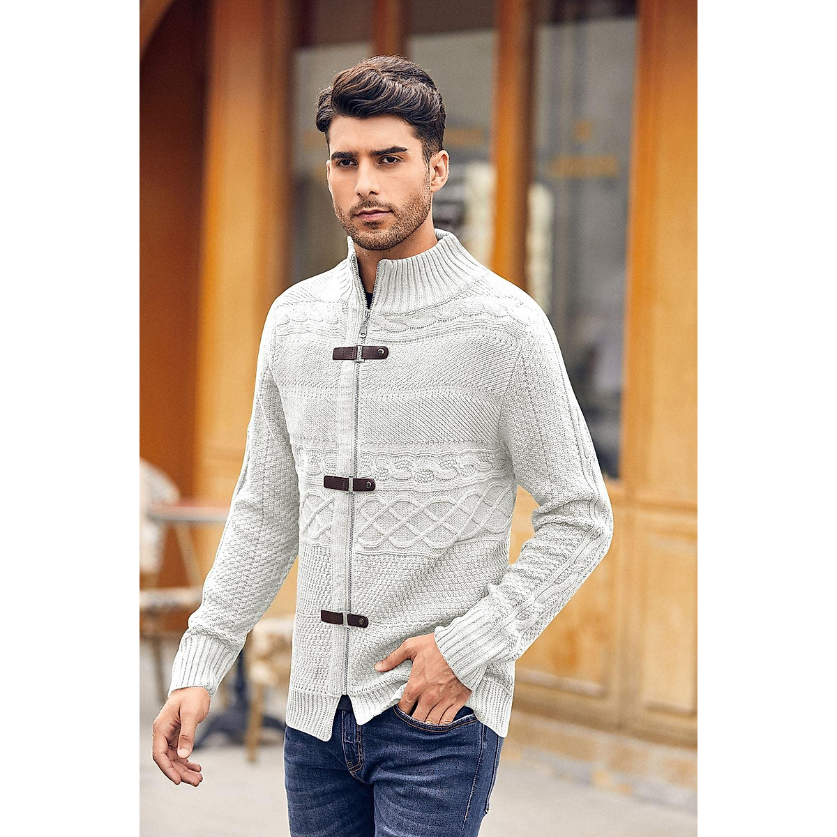 Karlywindow Mens Cable Knitted Cardigan Sweater Turtleneck Long Sleeve Slim Fit Winter Zipper Front Casual Pullover Sweaters