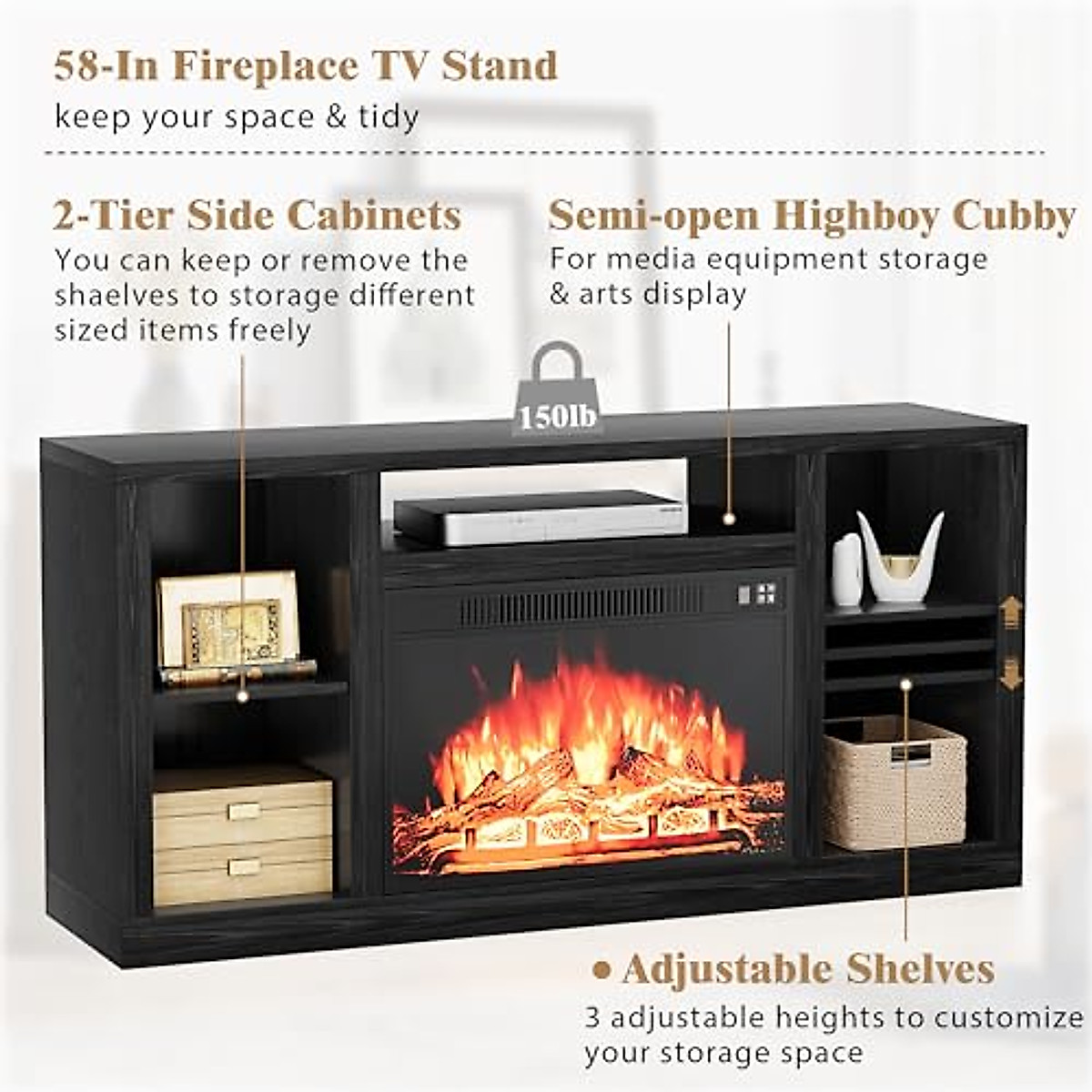YESHOMY Electric Fireplace TV Stand for Televisions up to 65+ Inch, Media Entertainment Center Console Table with Four Open Storage Shelves & Cabinets, 58 Inch, Black