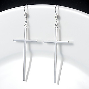 Jeka Cross Long Dangle Earrings for Women Stainless Steel Hypoallergenic Drop Fashion Minimalist Jewelry Silver Christian Religious Easter Gifts for Women