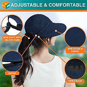 SUN CUBE Women Sun Hat for Outdoor UV Protection, Wide Brim Sun Hat Ponytail, Convertible Zip-Off Beach Hat Visor for Golf Gardening Pool Travel, Foldable Summer UPF50+ Visor Hat, Navy
