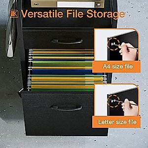 ODK File Cabinet with 2 Drawers, Mobile Office Cabinet with Lock on Wheels, Rolling Office Printer Stand Filing Cabinet for A4, Letter Sized Document with Iron Hook, Black