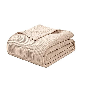 EMME Cotton Blanket Queen Size for Bed Soft Large Muslin Bed Blankets 80"x90" Lightweight Breathable Blanket All Season Gauze Blanket, Light Tan