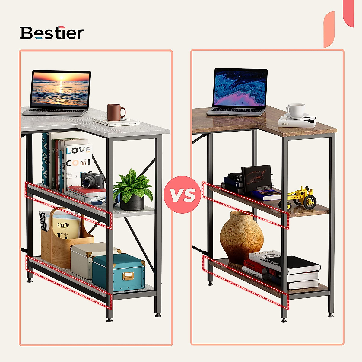 Bestier L Shaped Desk with Storage Shelves 55 Inch Corner Computer Desk Writing Study Table Workstation for Home Office, Wash Gray