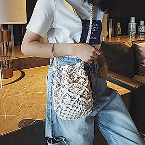 Nice Pies Womens Drawstring Crossbody Bag Beach Handwoven Purse Small Straw bucket bag retro woven hollow Messenger bag